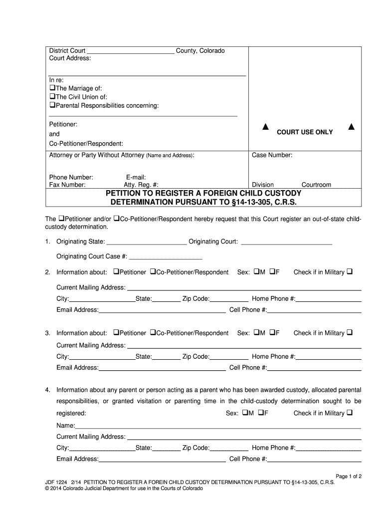Fillable Online courts state co PETITION TO REGISTER A FOREIGN CHILD ...