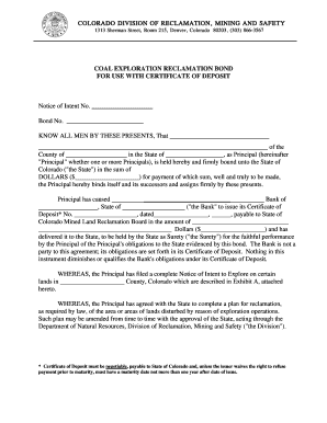 Fillable Online COAL EXPLORATION RECLAMATION BOND FOR USE WITH ...