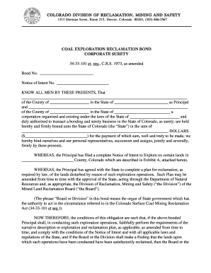 Fillable Online COAL EXPLORATION RECLAMATION BOND CORPORATE SURETY Fax ...