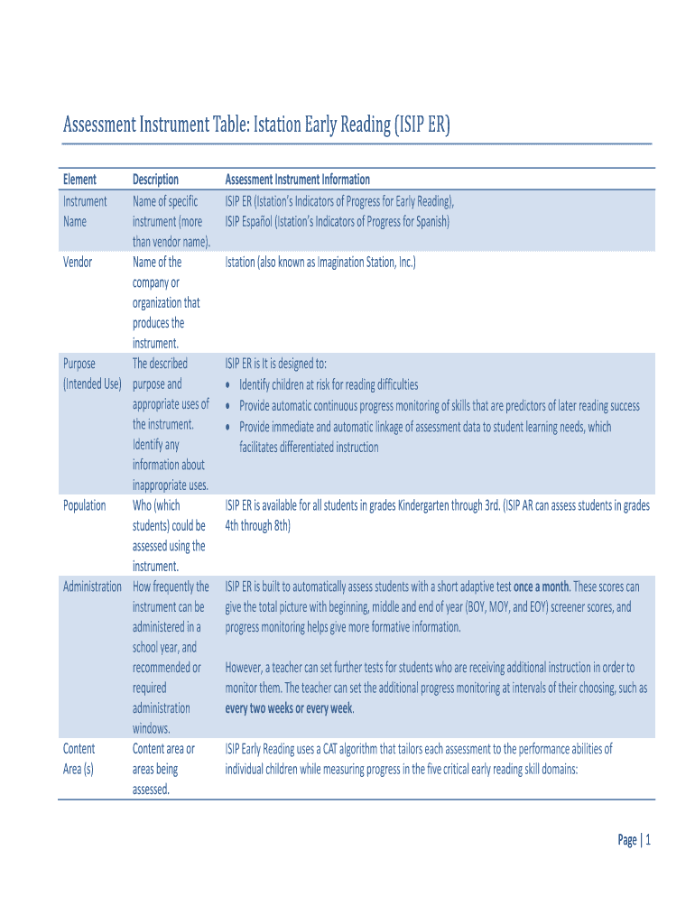 Fillable Online Assessment Instrument Table Istation Early Reading ISIP ...