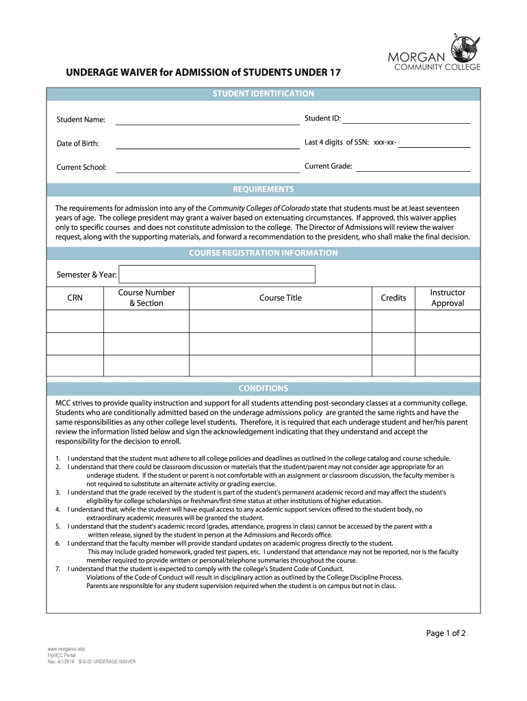 Fillable Online UNDERAGE WAIVER for ADMISSION of STUDENTS UNDER 17 Fax ...
