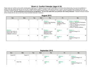 Fillable Online Shrek Jr Conflict Calendar Ages 6-18 August Fax Email ...