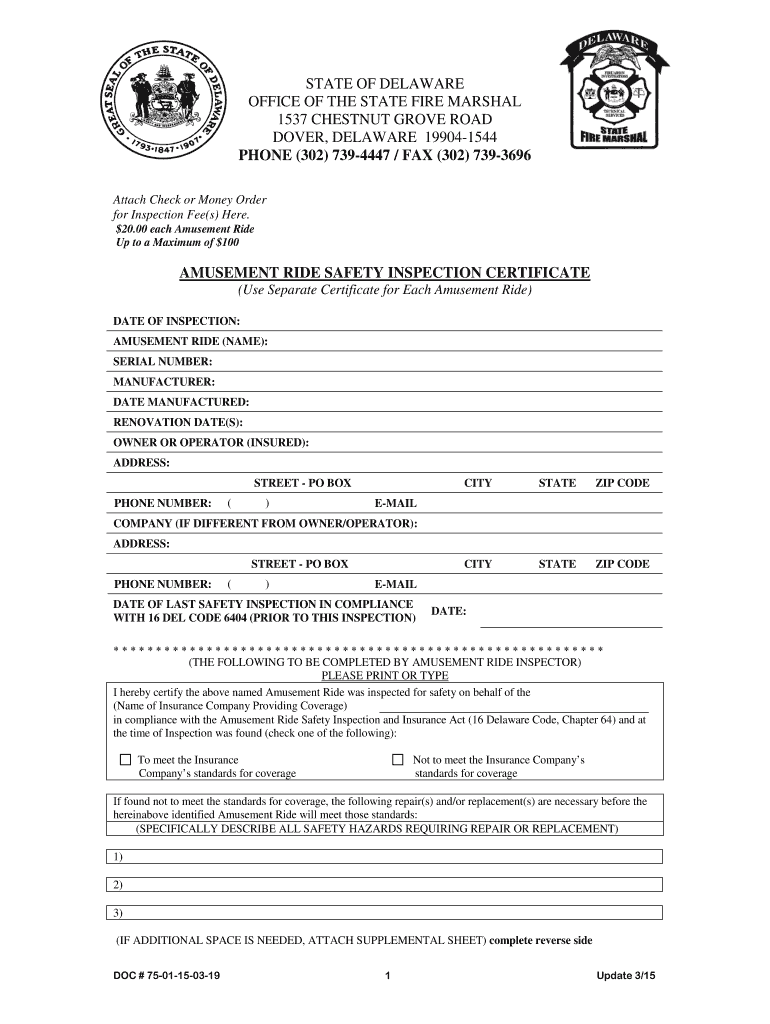 Fillable Online statefiremarshal delaware AMUSEMENT RIDE SAFETY ...