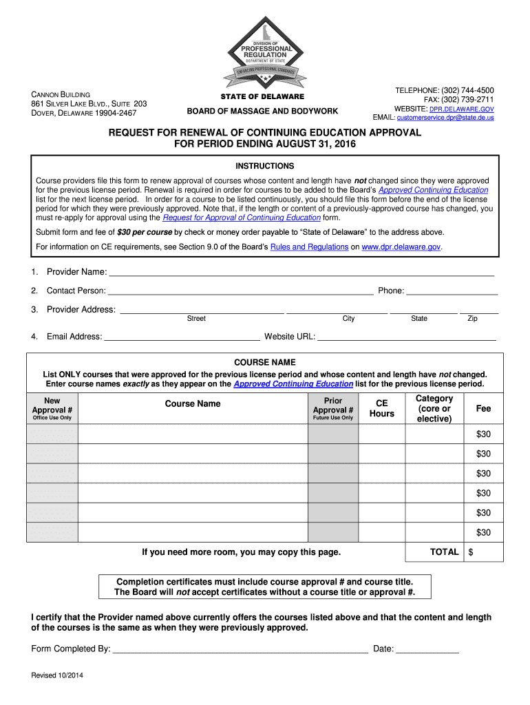 Fillable Online dpr delaware Request for Renewal of CE Approval ...