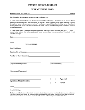 Fillable Online BEREAVEMENT FORM - Smyrna High School Fax Email Print ...