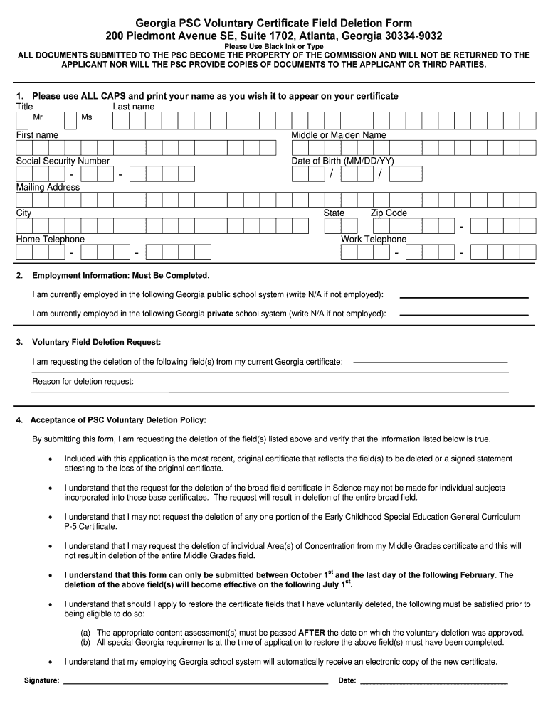 Fillable Online Georgia PSC Voluntary Certificate Field Deletion Form ...