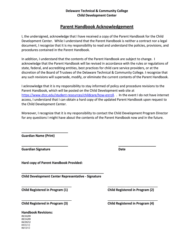 Fillable Online dtcc Parent Handbook Acknowledgement - dtcc Fax Email Print - pdfFiller