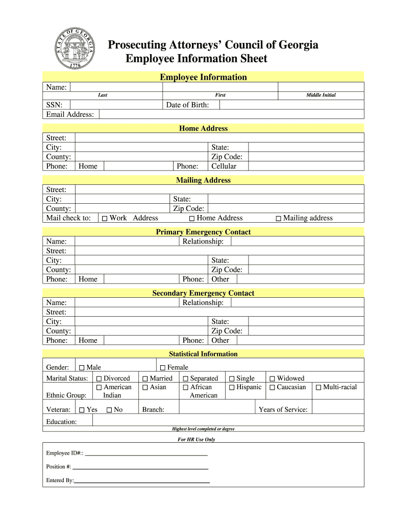 Fillable Online pacga Prosecuting Attorneys Council of Georgia Employee Information Sheet ...