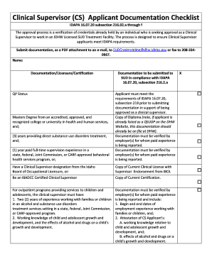 Fillable Online healthandwelfare idaho Clinical Supervisor CS Applicant Documentation Checklist ...
