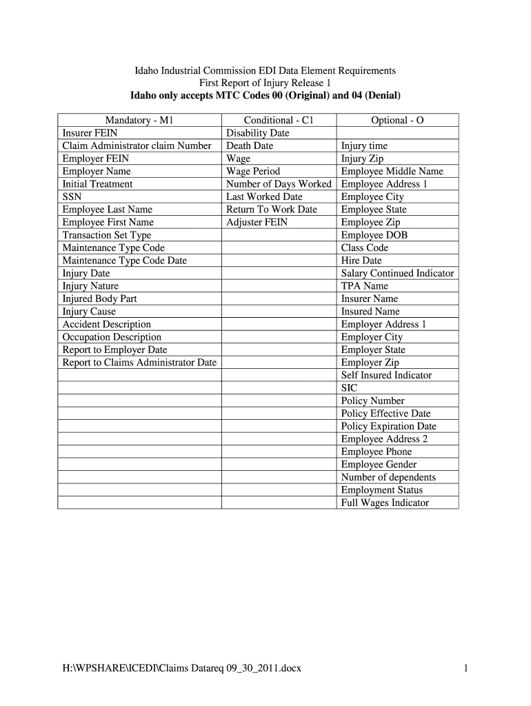 Fillable Online iic idaho Idaho Industrial Commission EDI Data Element ...