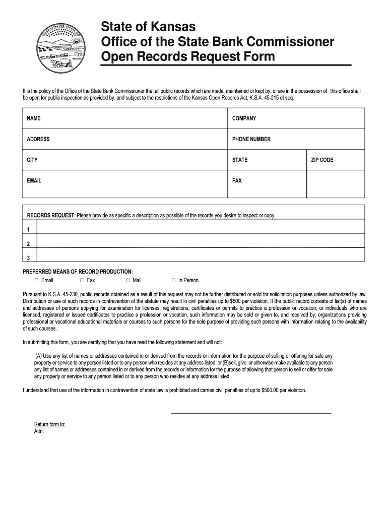 Fillable Online osbckansas Open Records Request Form - Kansas Office of ...