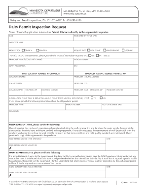 Fillable Online mda state mn Dairy Permit Inspection Request Request ...