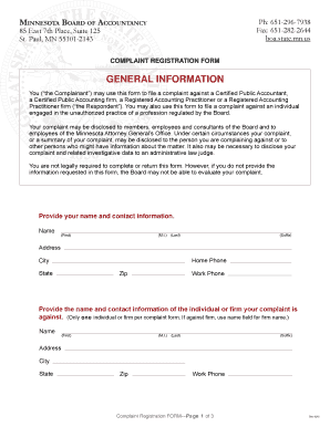 Fillable Online Complaint Registration Form - MN Board of Accountancy ...