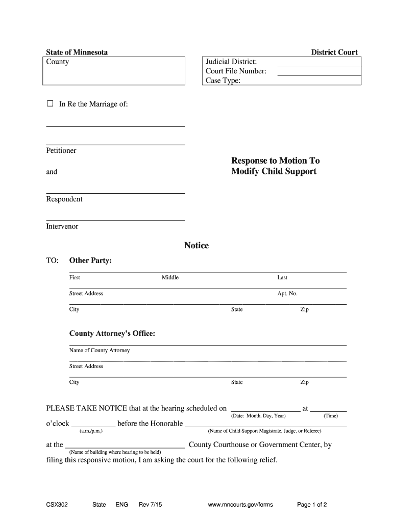 Fillable Online mncourts Response to Motion To Modify Child Support Fax ...