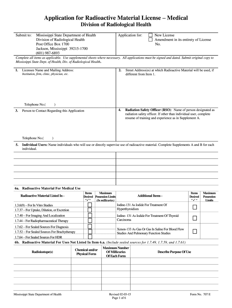 Fillable Online msdh state ms Application for Radioactive Material ...