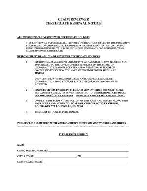 Fillable Online CLAIM REVIEWER CERTIFICATE RENEWAL NOTICE Fax Email ...
