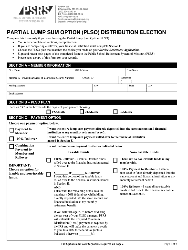 Fillable Online PARTIAL LUMP SUM OPTION PLSO DISTRIBUTION ELECTION Fax ...