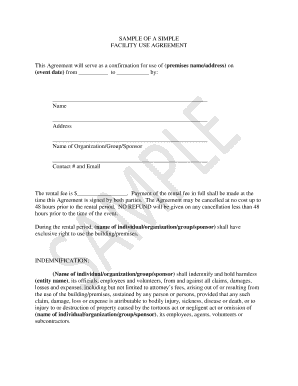 Fillable Online SAMPLE OF A SIMPLE FACILITY USE AGREEMENT This ...