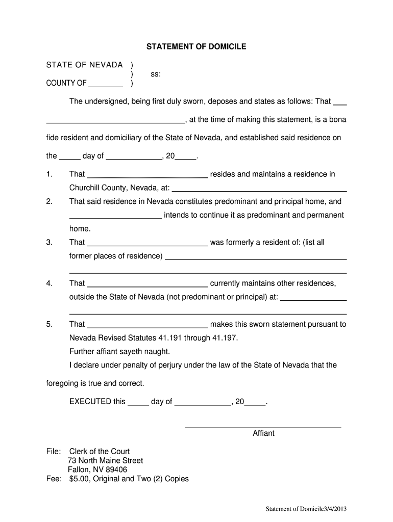 Fillable Online churchillcounty Statement of Domicile - Churchill ...