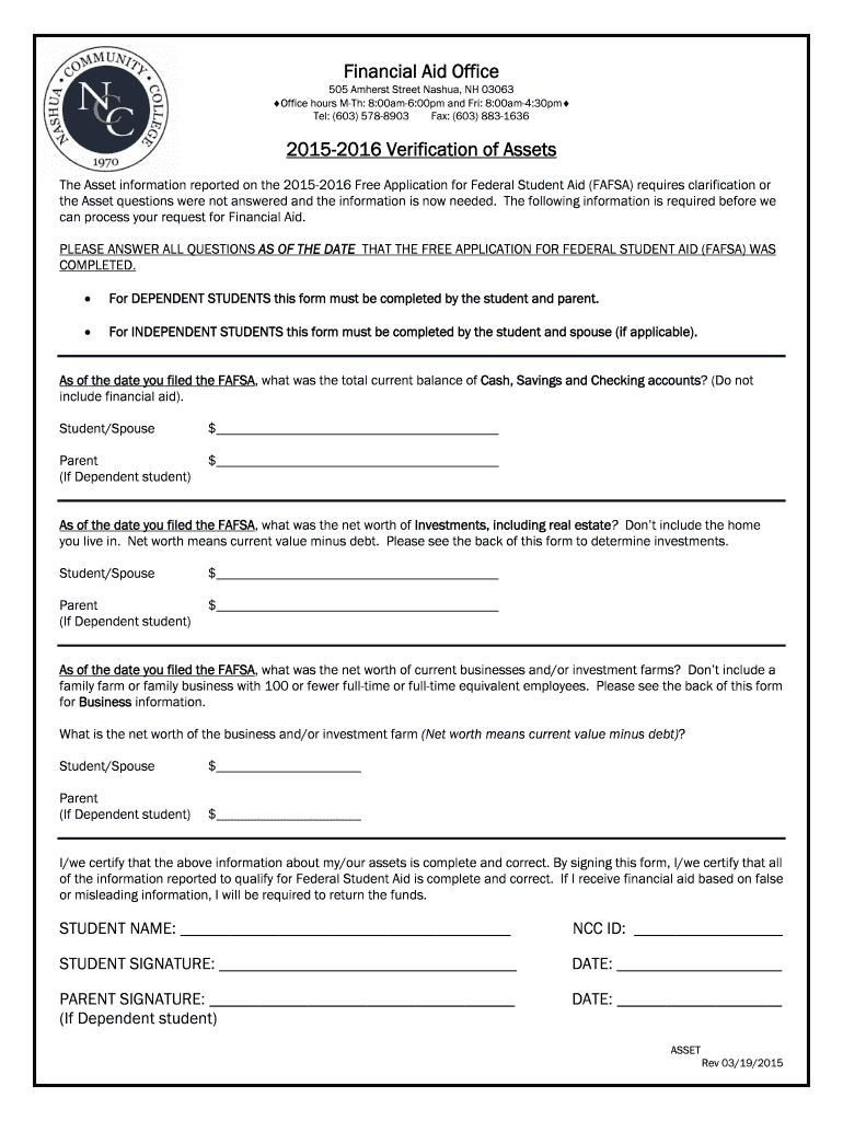 Fillable Online nashuacc 1516 Verification of Assets (ASSET) - nashuacc ...