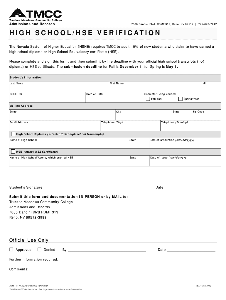 Fillable Online tmcc HIGH SCHOOLHSE VERIFICATION Fax Email Print ...