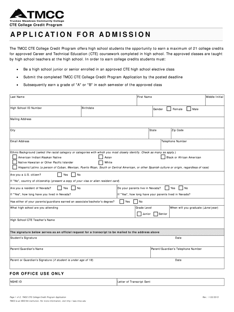 Fillable Online tmcc TMCC CTE College Credit Program Application Fax Email Print - pdfFiller