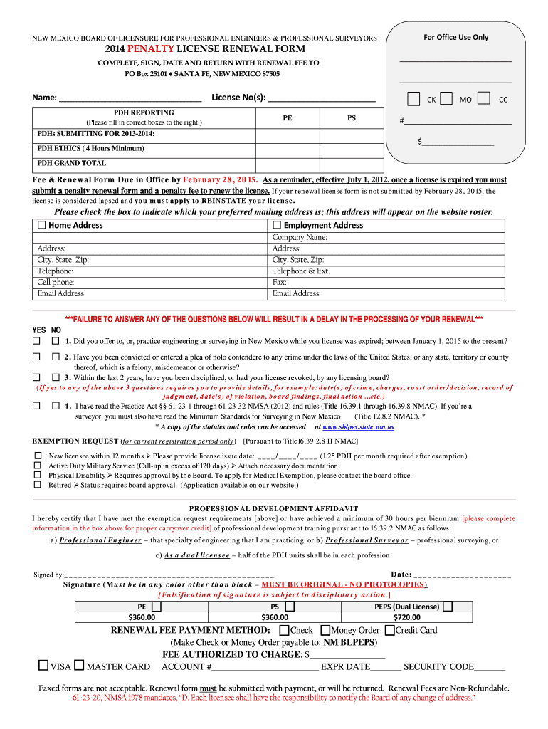 Fillable Online 2014 PENALTY LICENSE RENEWAL FORM Fax Email Print ...
