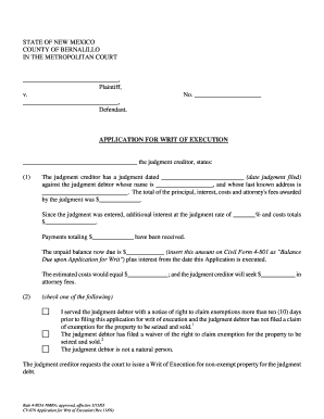 Fillable Online CV-076 Application for Writ of Execution Fax Email Print - pdfFiller