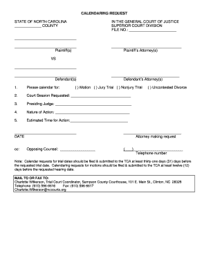 Fillable Online nccourts Calendar request format - nccourtsorg Fax ...