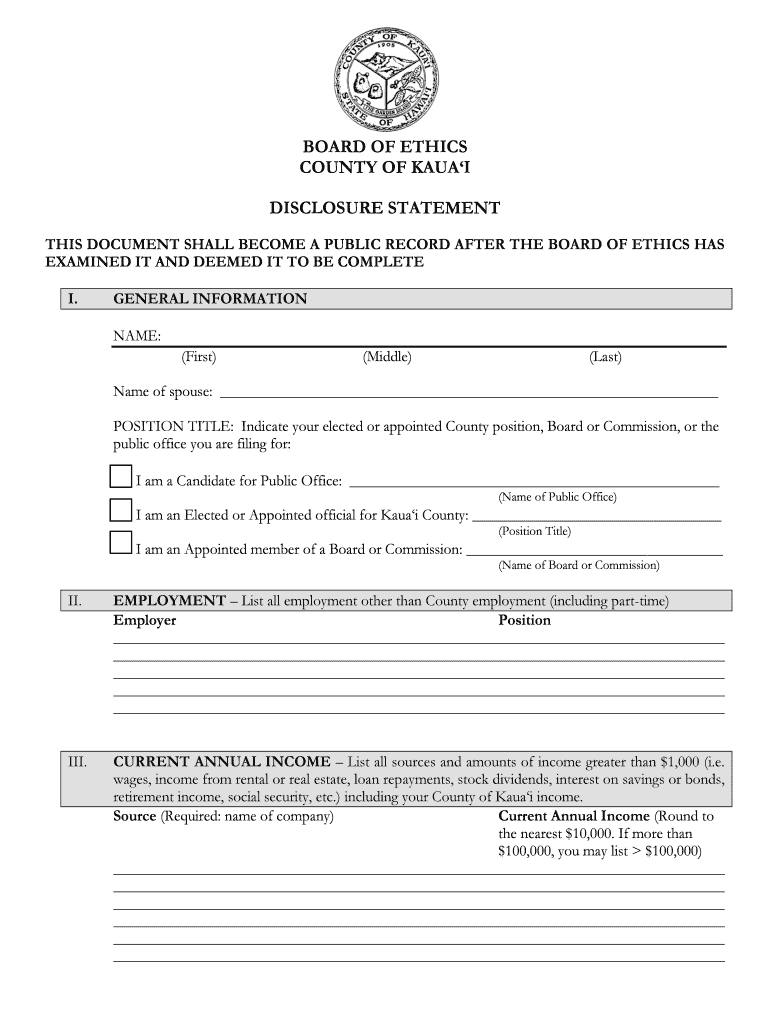 Fillable Online kauai KAUAI COUNTY BOARD OF ETHICS DISCLOSURE STATEMENT ...