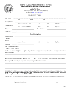 Fillable Online NORTH CAROLINA DEPARTMENT OF JUSTICE COMPANY AND CAMPUS ...