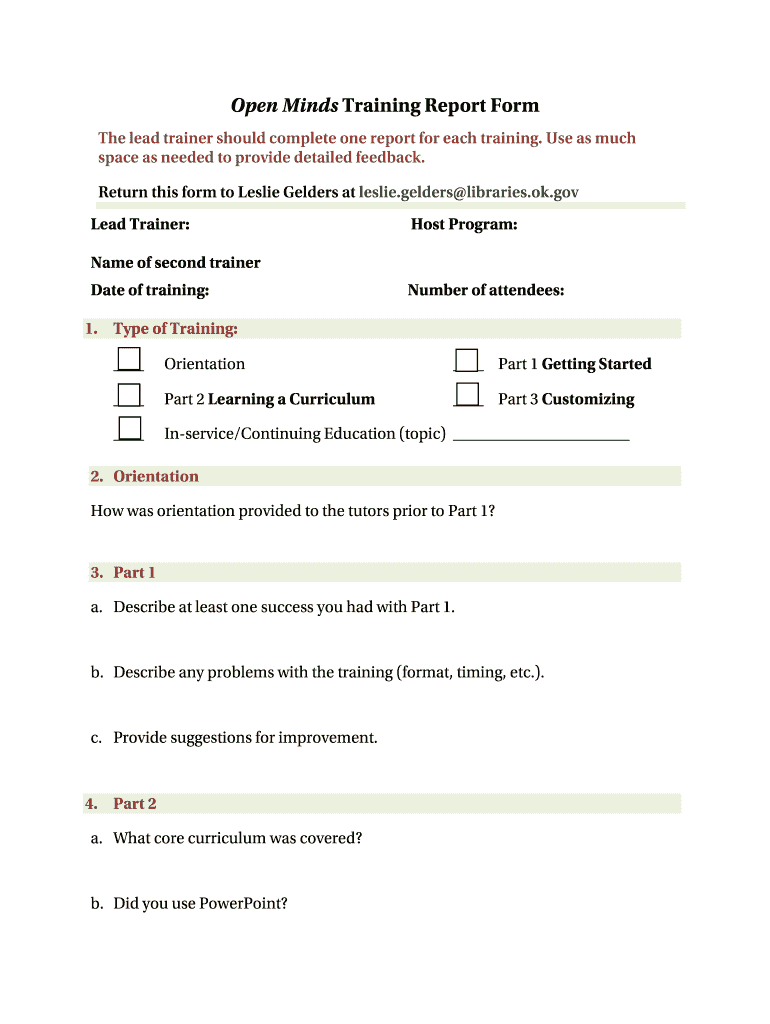Fillable Online odl state ok Open Minds Training Report Form ...
