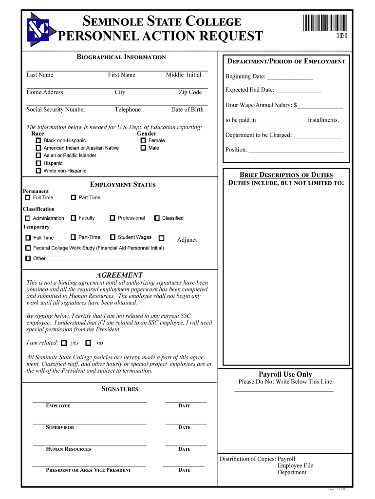 Fillable Online sscok Seminole State College 3020 PERSONNEL ACTION ...