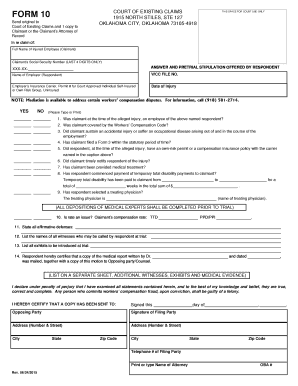 Fillable Online FORM 10 COURT OF EXISTING CLAIMS THIS SPACE FOR COURT ...