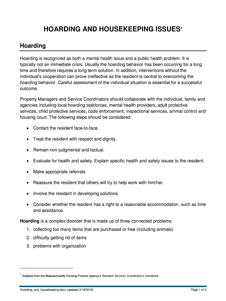 Fillable Online HOARDING AND HOUSEKEEPING ISSUES 1 Fax Email Print - pdfFiller