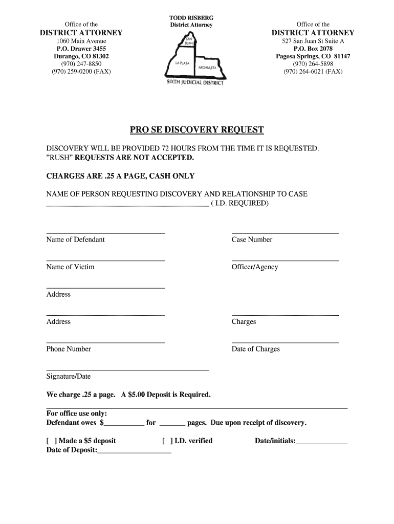 Fillable Online co laplata co PRO SE DISCOVERY REQUEST - La Plata ...