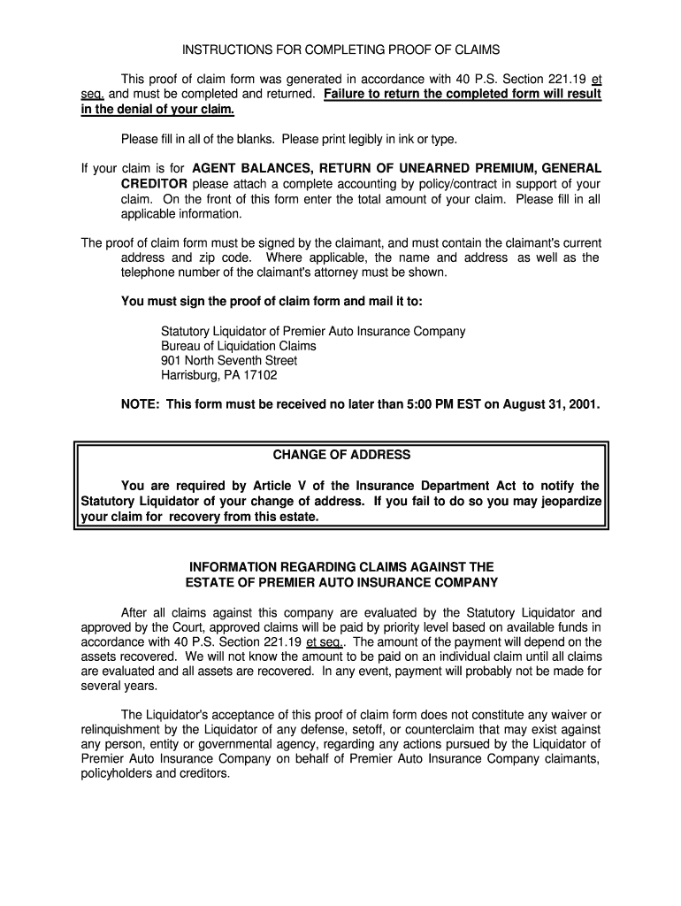 Fillable Online INSTRUCTIONS FOR COMPLETING PROOF OF CLAIMS This proof ...