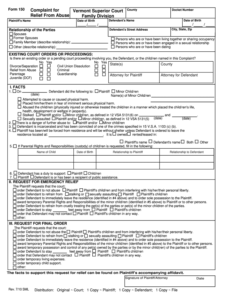 Fillable Online ccvs state vt Complaint for Relief From Abuse - Vermont ...