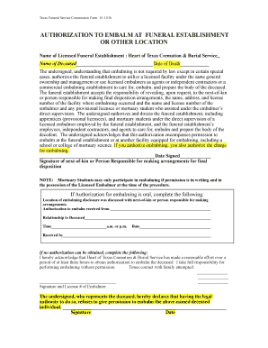 Fillable Online AUTHORIZATION TO EMBALM AT FUNERAL ESTABLISHMENT Fax ...
