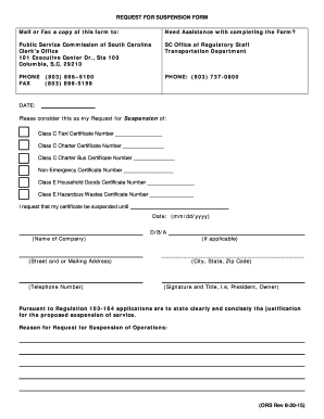 Fillable Online regulatorystaff sc REQUEST FOR SUSPENSION FORM - South ...