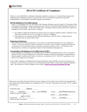 Fillable Online REACH Certificate of Compliance - Pancon Fax Email ...