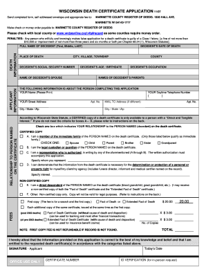 Fillable Online WISCONSIN DEATH CERTIFICATE APPLICATION 11/07 Send ...