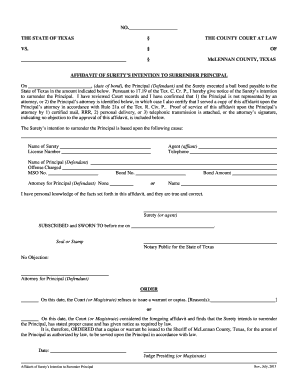Fillable Online AFFIDAVIT OF SURETYS INTENTION TO SURRENDER PRINCIPAL ...