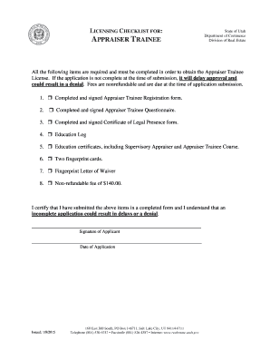 Fillable Online realestate utah LICENSING CHECKLIST FOR APPRAISER ...