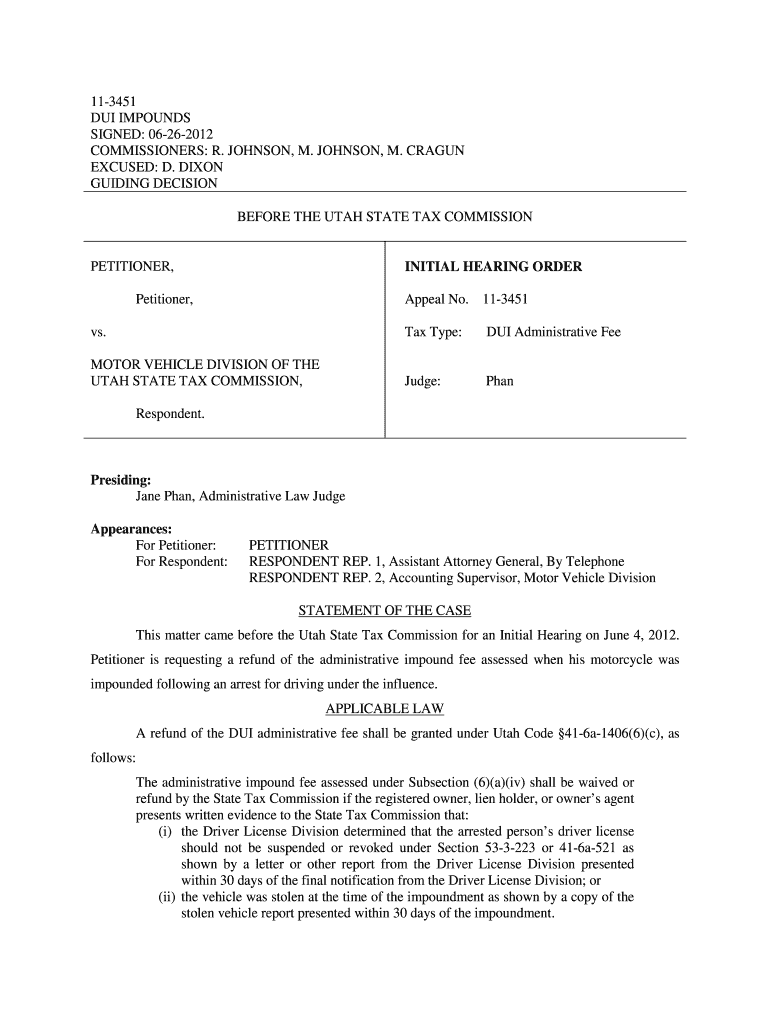 Fillable Online tax utah DUI IMPOUNDS EXCUSED D DIXON GUIDING DECISION ...