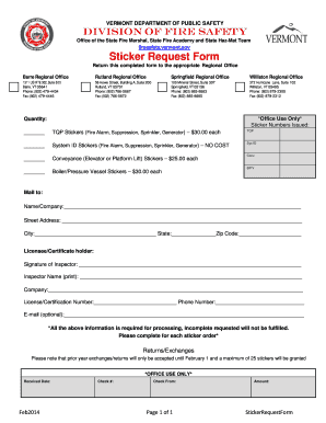 Fillable Online firesafety vermont Sticker Request Form Fax Email Print ...