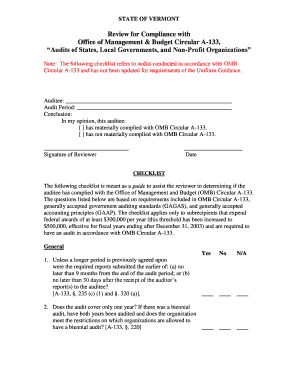 Fillable Online finance vermont Review for Compliance OMB Circular A ...