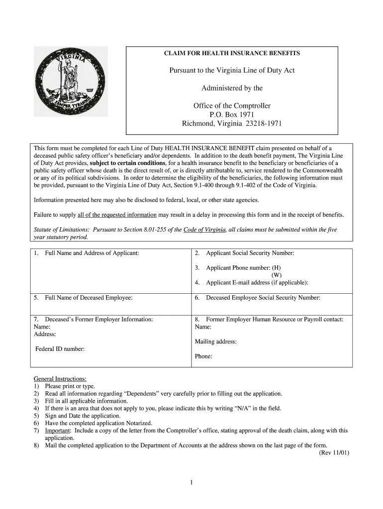 Fillable Online Virginia Line of Duty Act Claim for Health Insurance ...