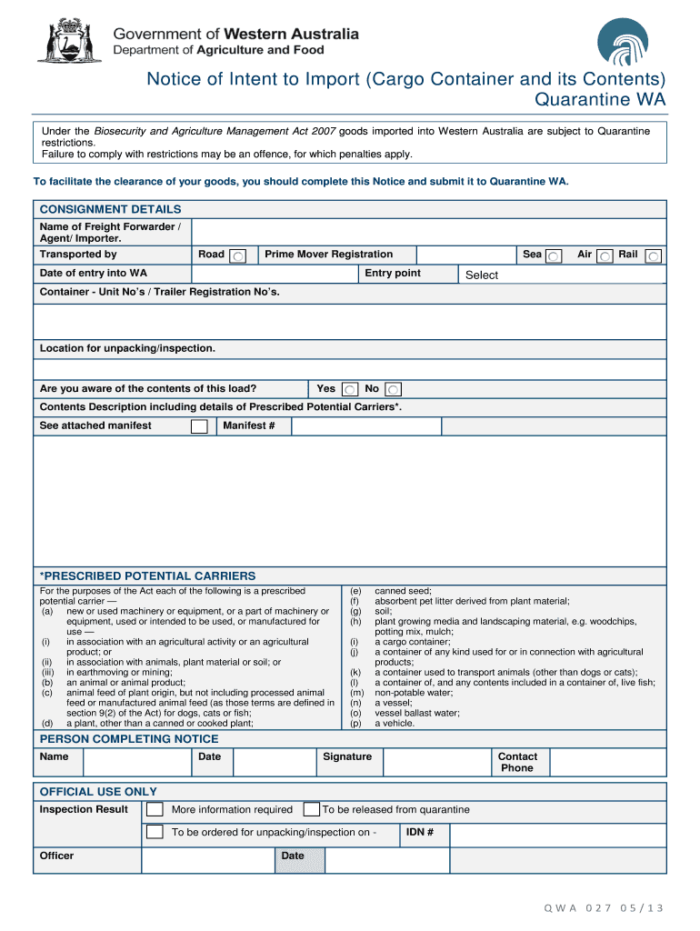 Fillable Online Notice of Intent to Import Cargo Container and its Fax ...