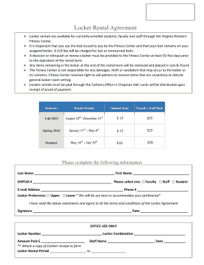 Fillable Online virginiawestern Locker Rental Agreement ...